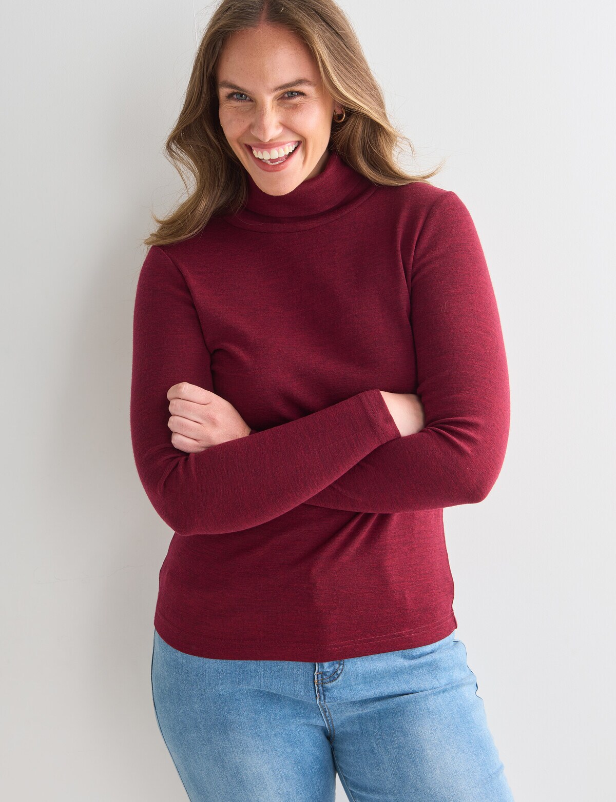 North South Merino Long Sleeve Roll Neck Top, Ruby Marle - Knitwear