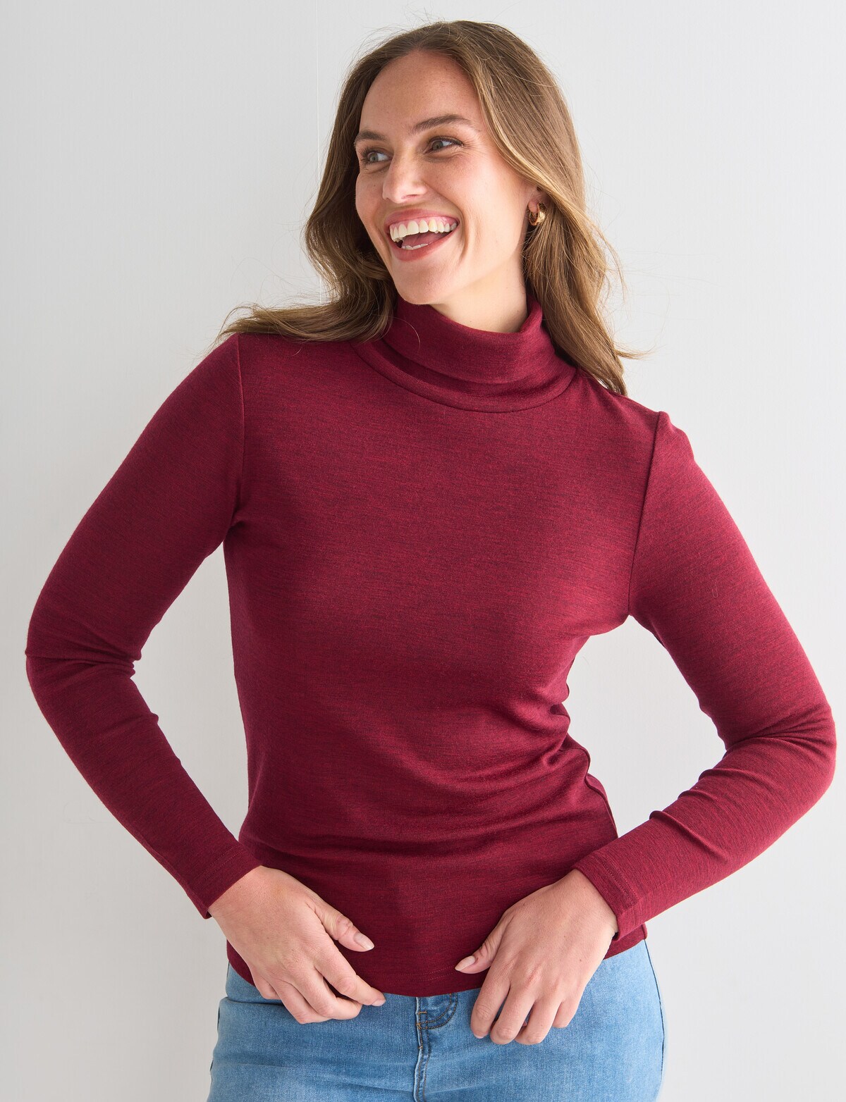 North South Merino Long Sleeve Roll Neck Top, Ruby Marle - Knitwear
