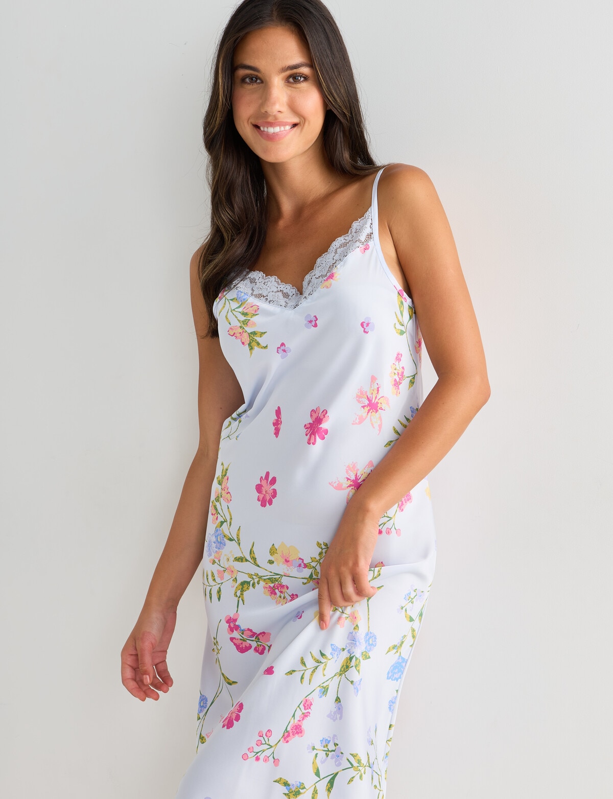 Whistle Sleep Satin Cami Nightie, Pale Blue Print, 10-26 - Nighties