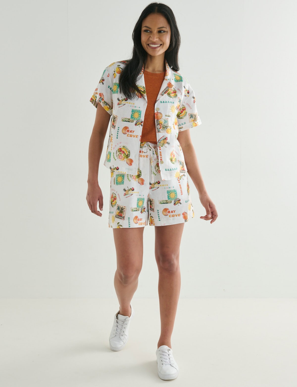 Zest Positano Print Linen Short, White - Shorts