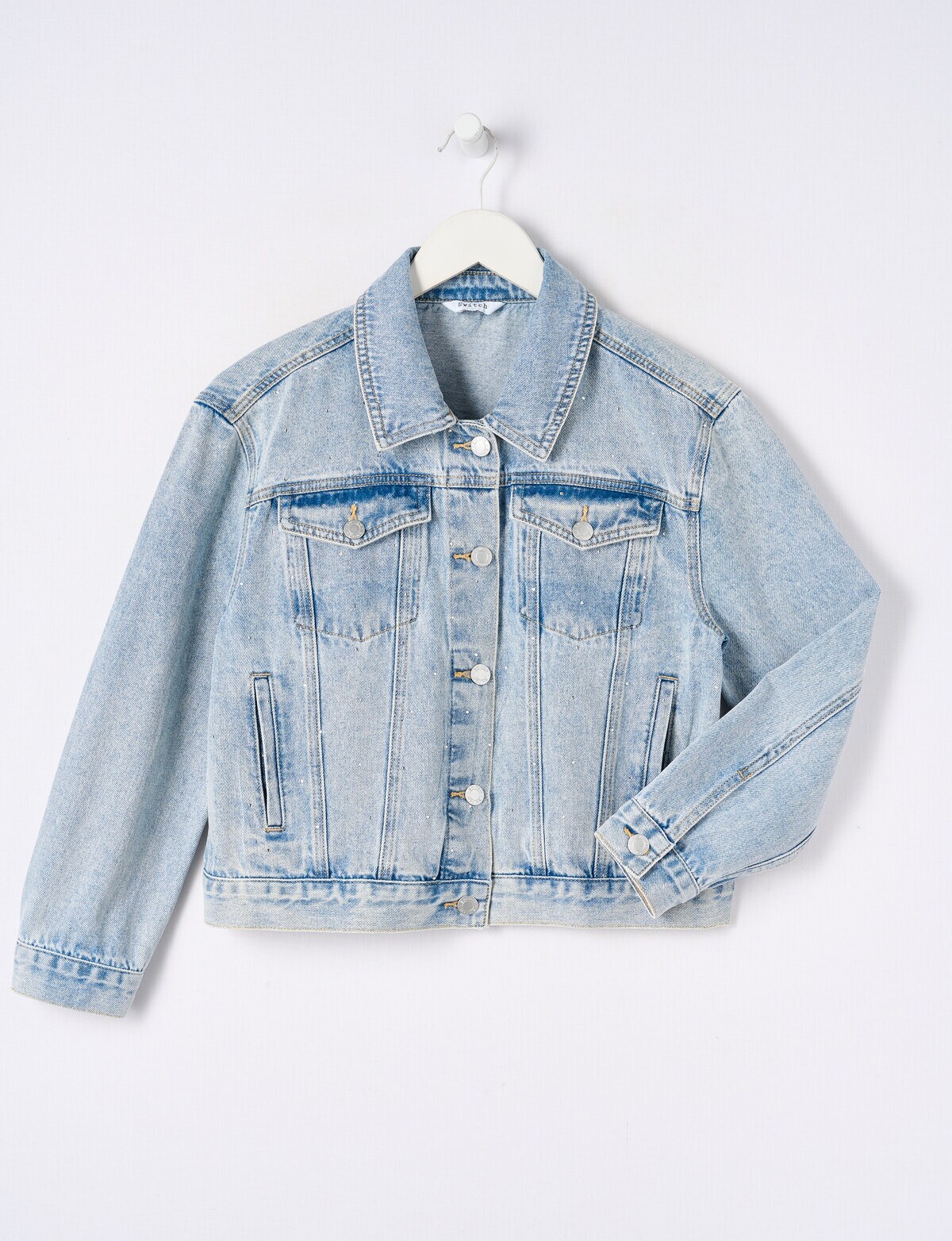 Switch Embellished Boxy Denim Jacket, Acid Blue - Hoodies & Jackets