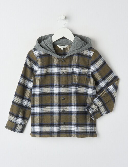 Mac & Ellie Long Sleeve Hooded Check Shirt, Khaki - Childrens Red Dot