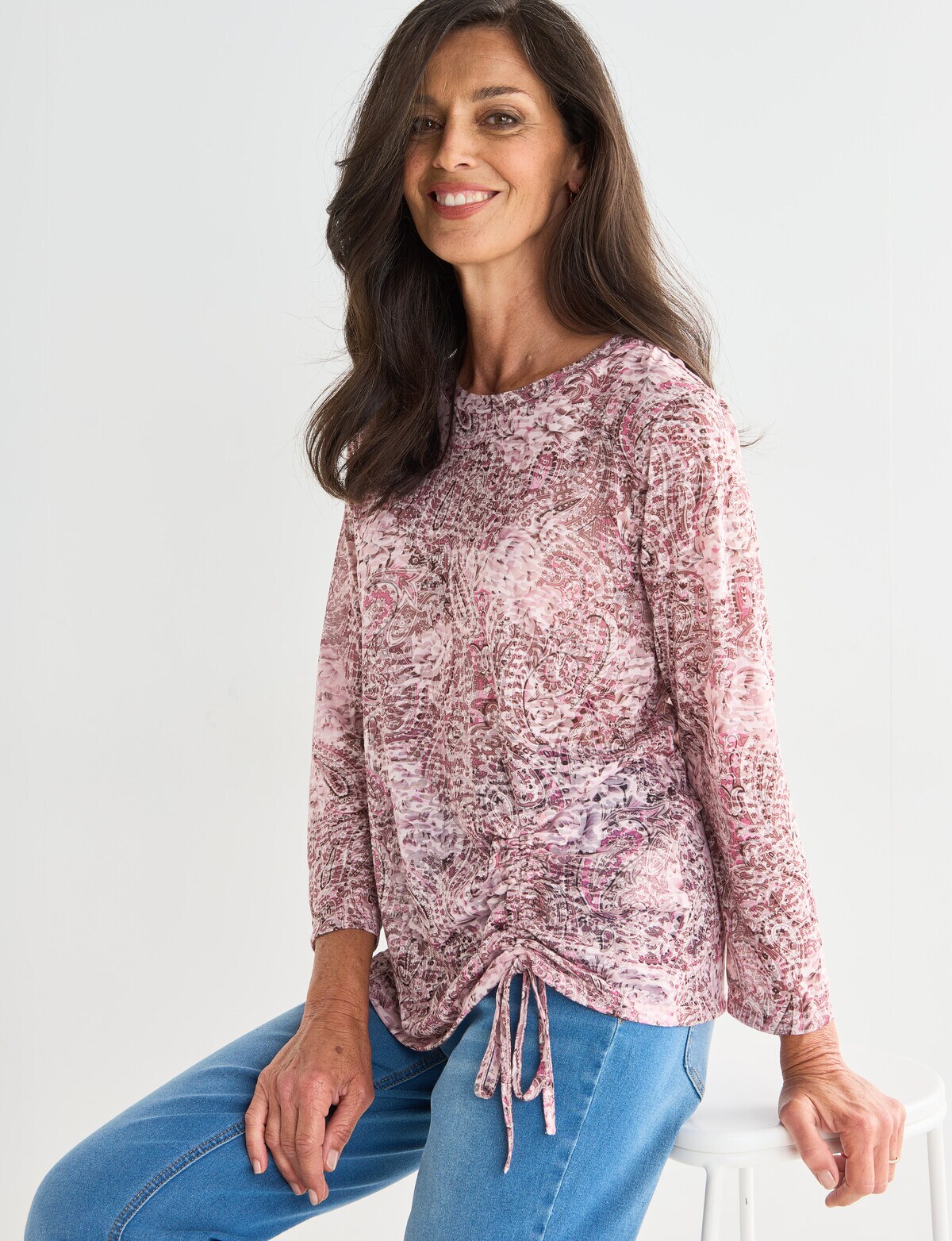 Ella J Paisley 3/4 Sleeve Burn Out Tee, Pink - Tops