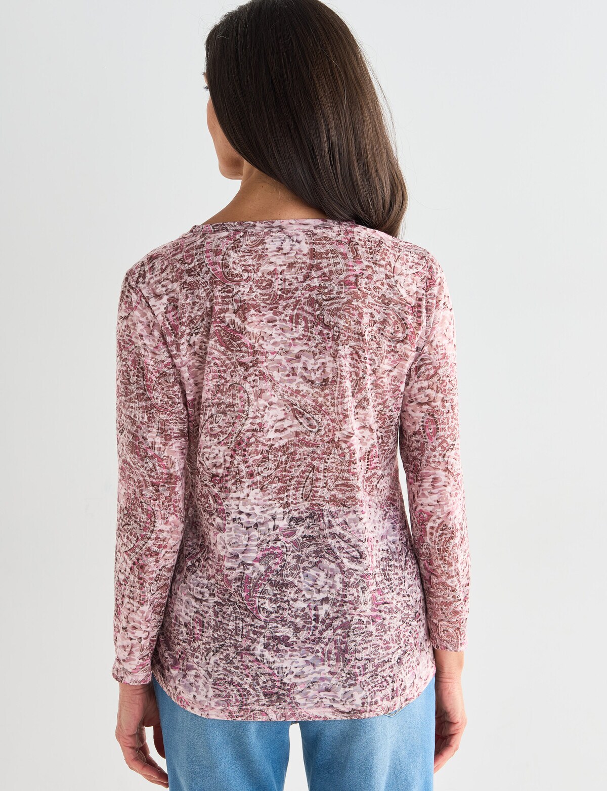 Ella J Paisley 3/4 Sleeve Burn Out Tee, Pink - Tops