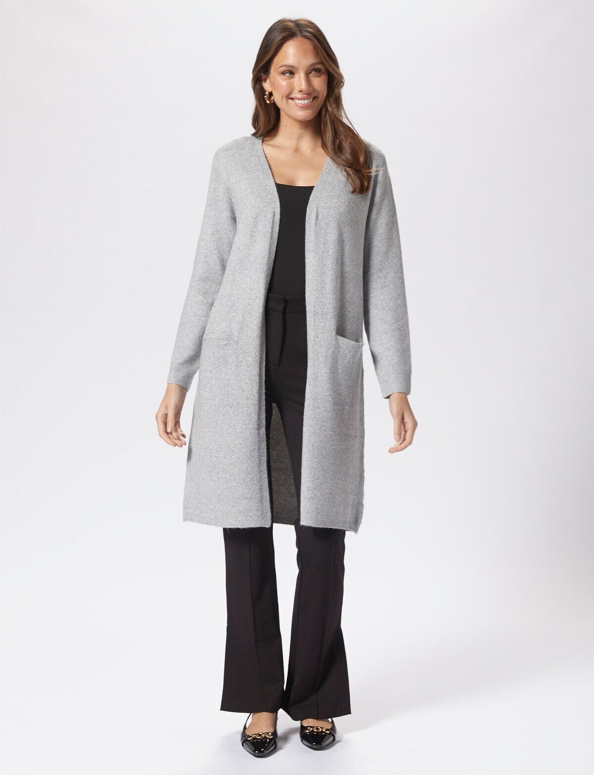 Vero Moda Doffy Long Open Cardigan, Light Grey - Knitwear