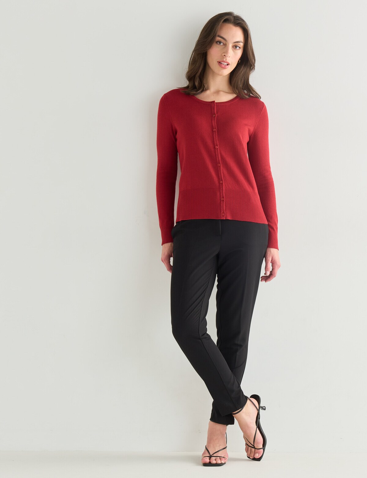 Oliver Black Long Sleeve Crew Neck Cardigan, Ruby - Knitwear