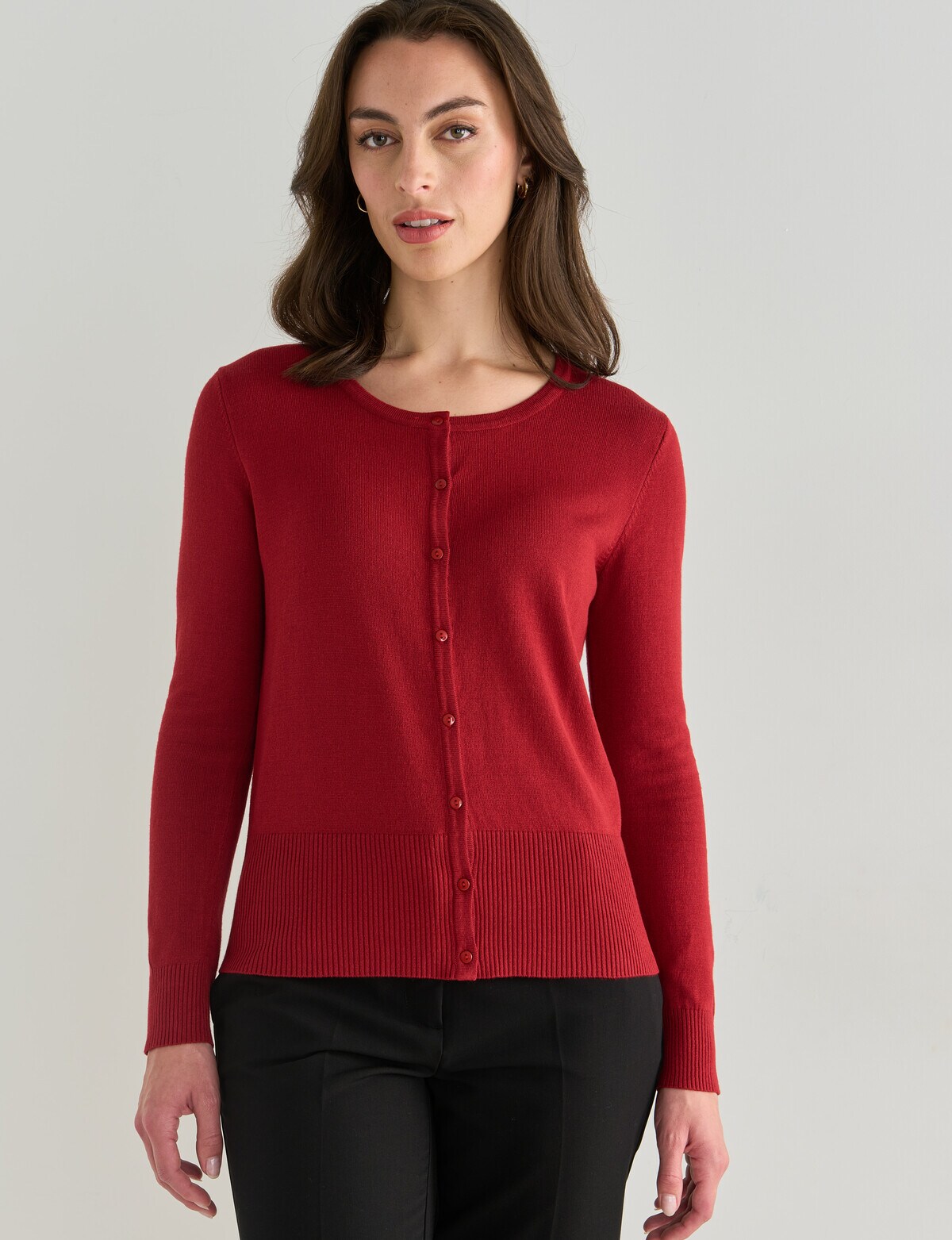 Oliver Black Long Sleeve Crew Neck Cardigan, Ruby - Knitwear