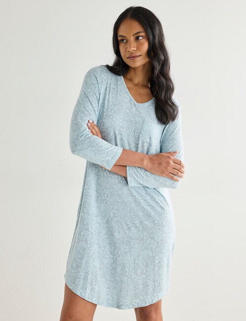 Whistle Sleep 3/4 Sleeve V-Neck Printed Nightie, Mint Paisley - Nighties