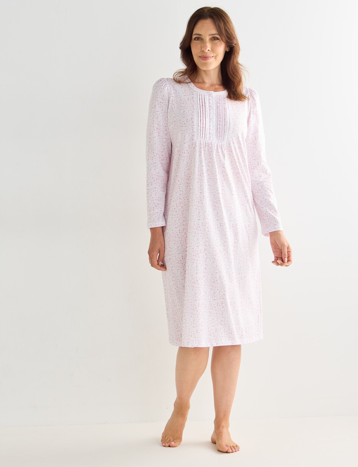 Ruby & Bloom Printed Pintuck Cotton Long Sleeve Nightie, Pink, 10-20 ...