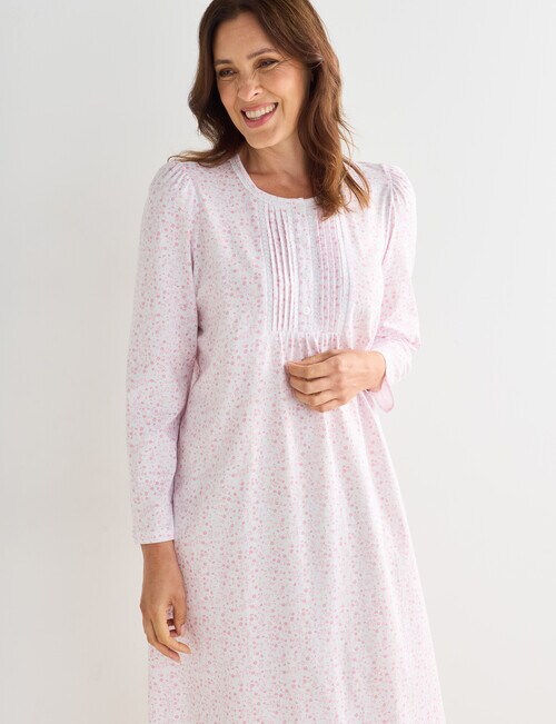 Ruby & Bloom Printed Pintuck Cotton Long Sleeve Nightie, Pink, 10-20 ...