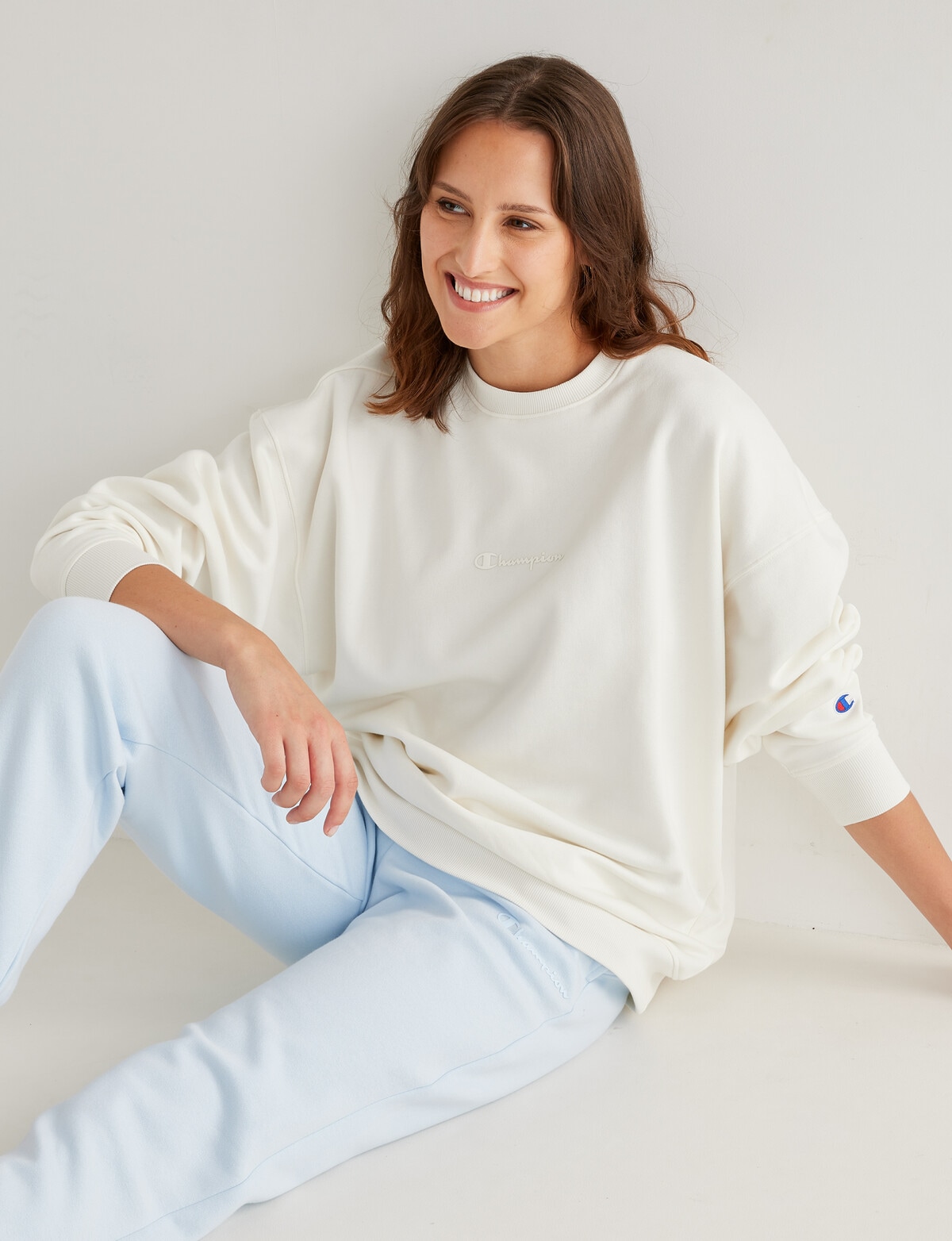 Champion Script Oversized Tonal Crew Top, Pearl - Activewear