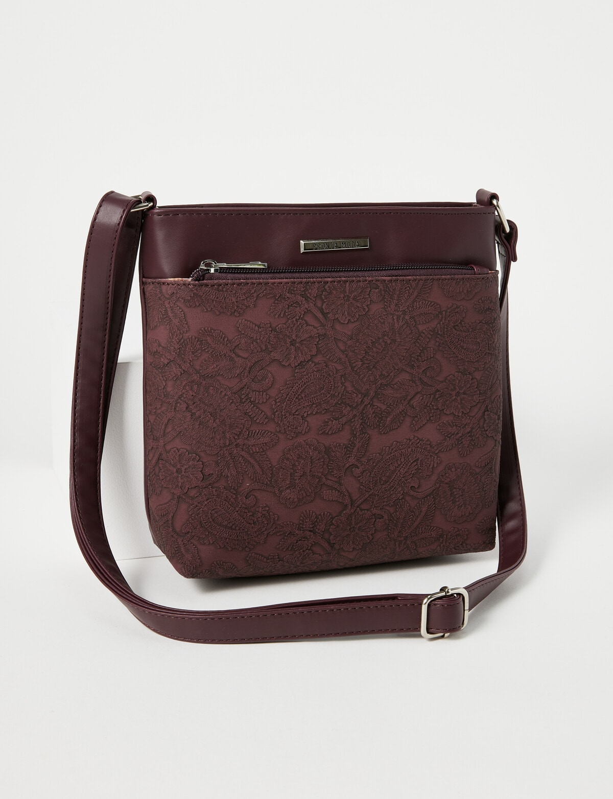 Pronta Moda Lace Embossed Crossbody Bag, Merlot - Handbags