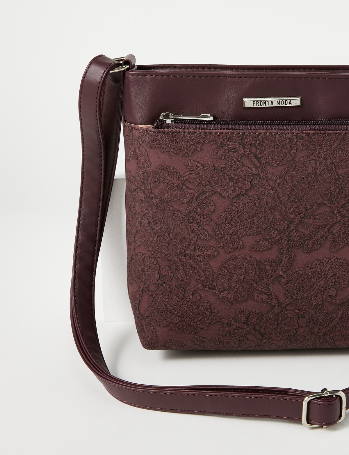 Pronta Moda Lace Embossed Crossbody Bag, Merlot - Handbags