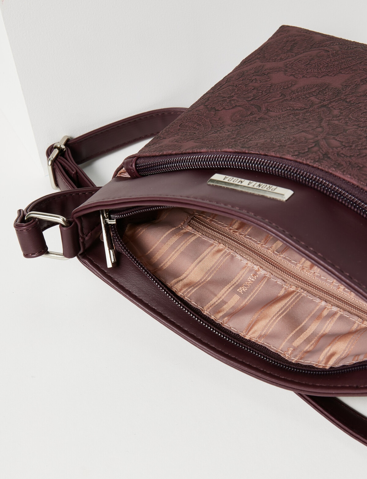 Pronta Moda Lace Embossed Crossbody Bag, Merlot - Handbags