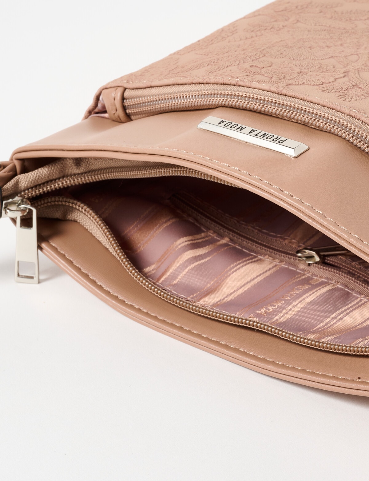 Pronta Moda Lace Embossed Crossbody Bag, Champagne - Handbags