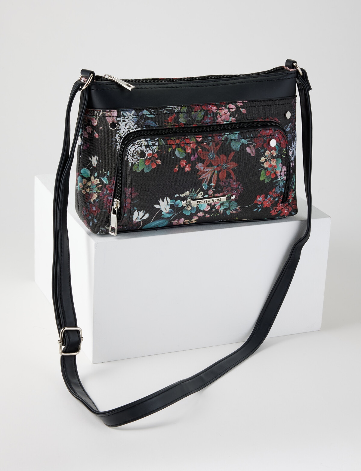 Pronta Moda Dark Floral Printed Crossbody Bag, Black - Handbags