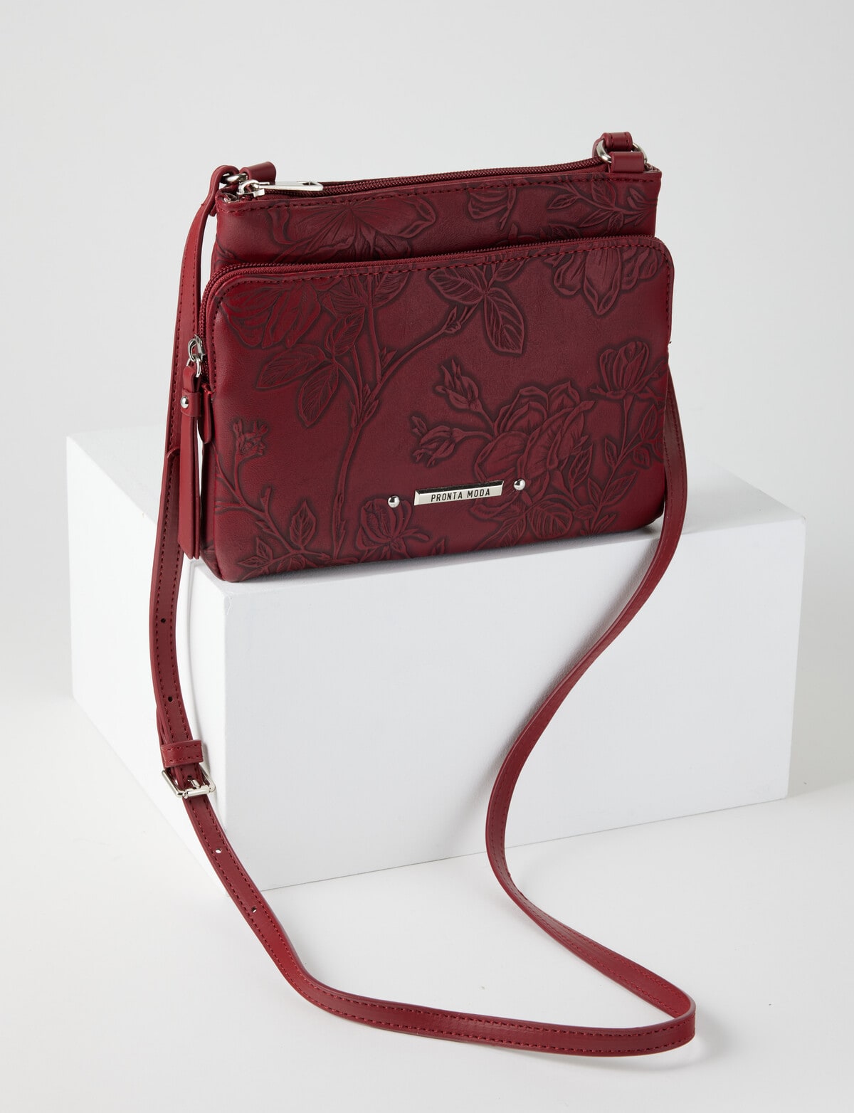 Pronta Moda Floral Embossed Double Zip Crossbody Bag, Crimson - Handbags
