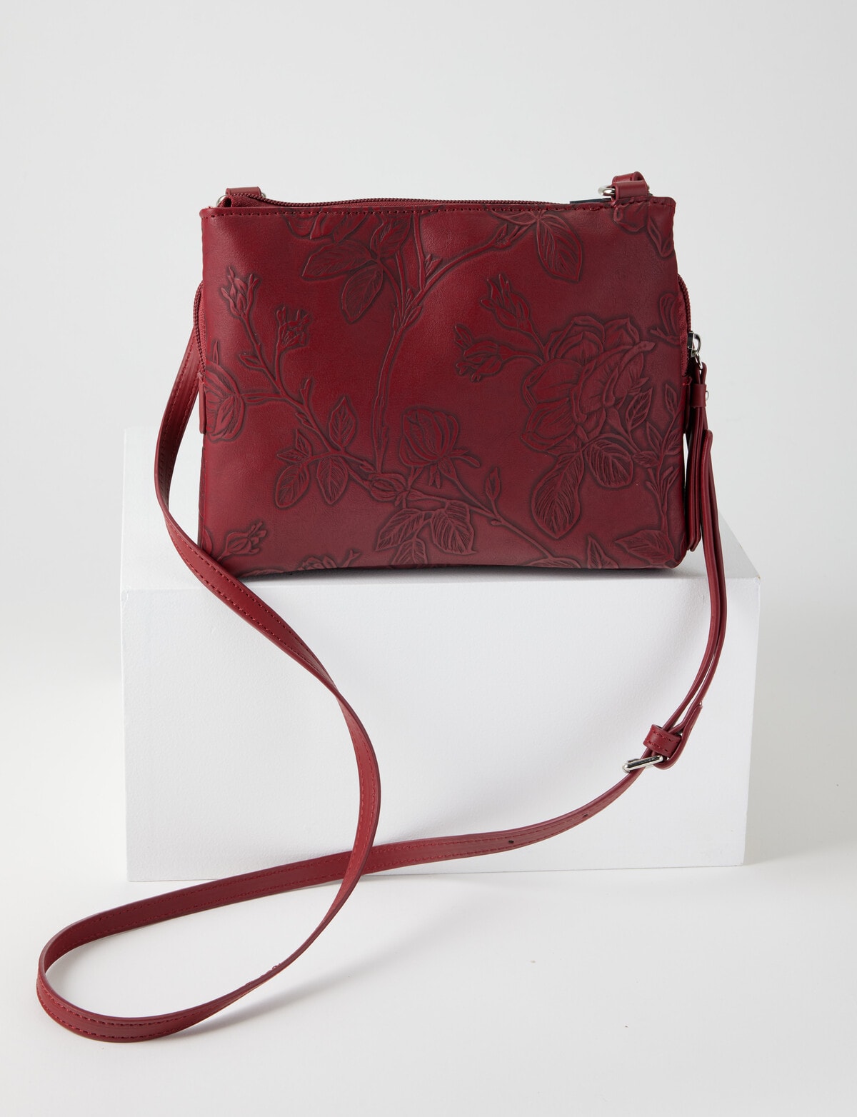 Pronta Moda Floral Embossed Double Zip Crossbody Bag, Crimson - Handbags