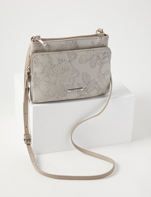 Pronta Moda Floral Embossed Double Zip Crossbody Bag, Silver - Handbags