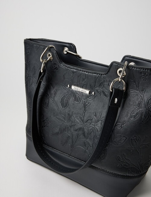 Pronta Moda Floral Embossed Tote Bag, Black - Handbags