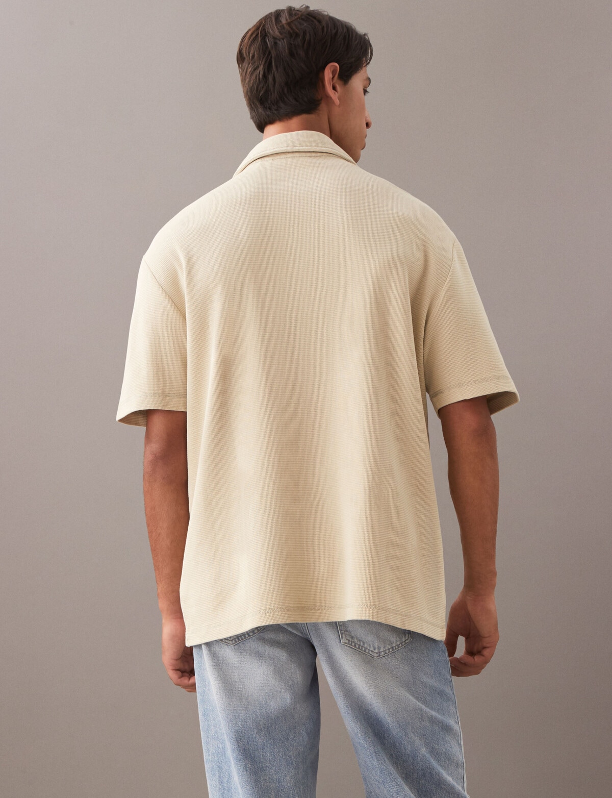 Calvin Klein Rugby Waffle Washed Woven Label Polo Shirt, Pelican - T ...