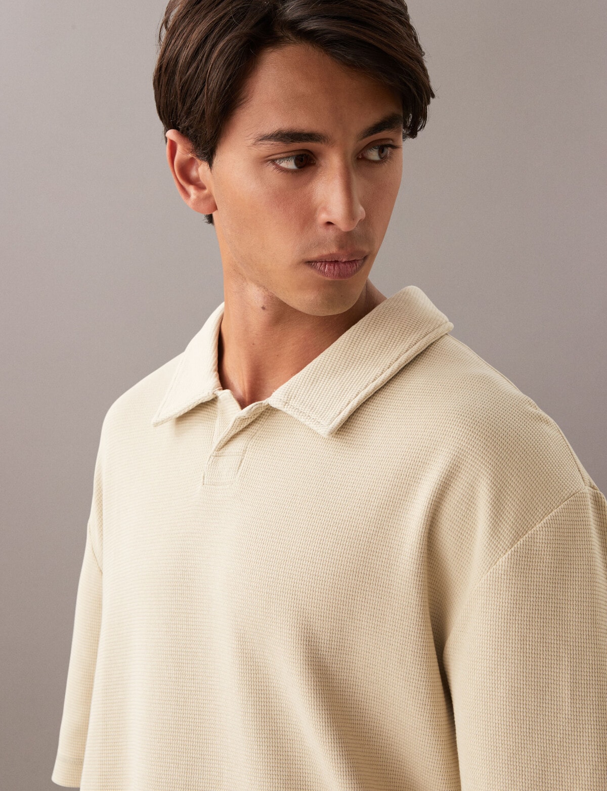 Calvin Klein Rugby Waffle Washed Woven Label Polo Shirt, Pelican - T ...