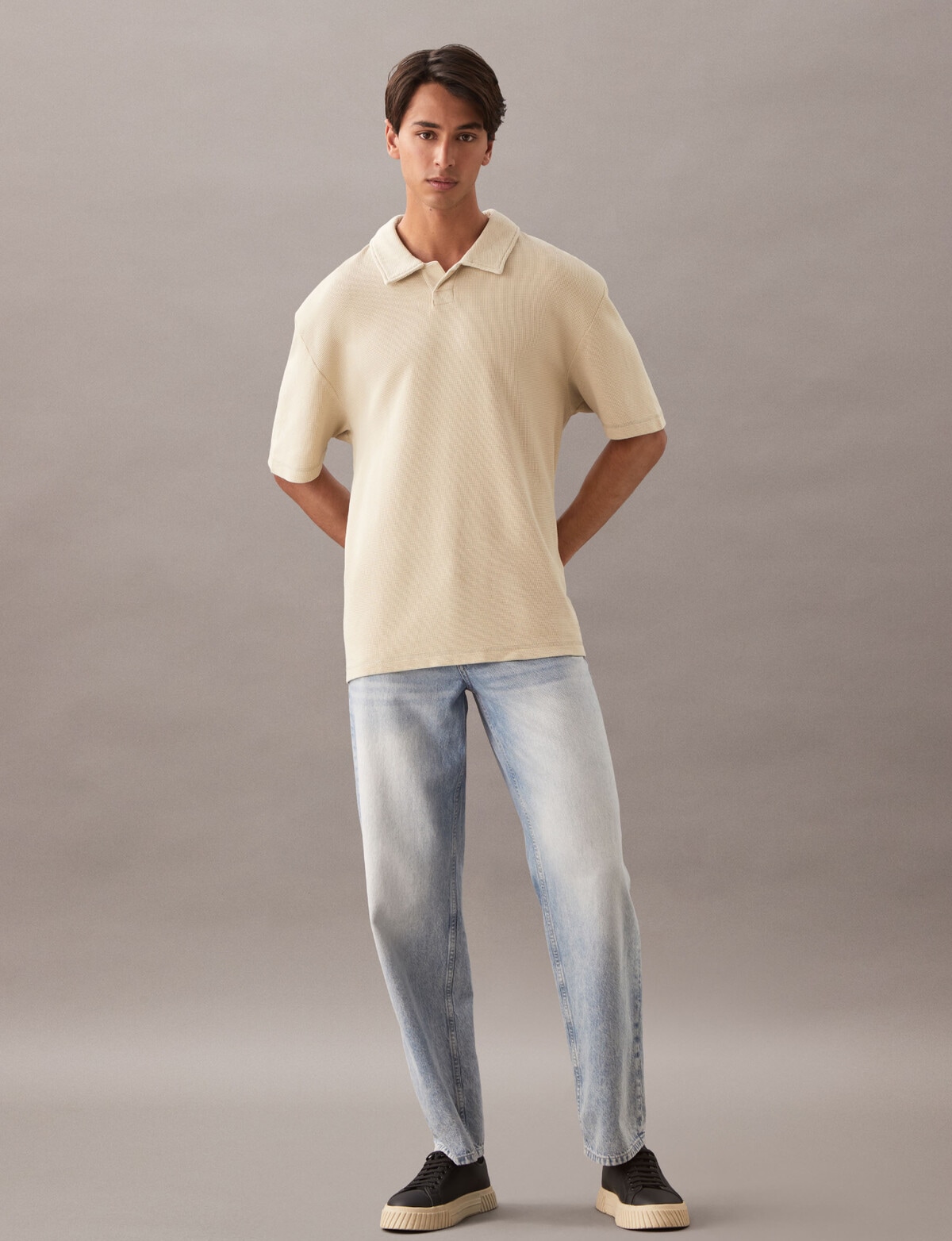 Calvin Klein Rugby Waffle Washed Woven Label Polo Shirt, Pelican - T ...