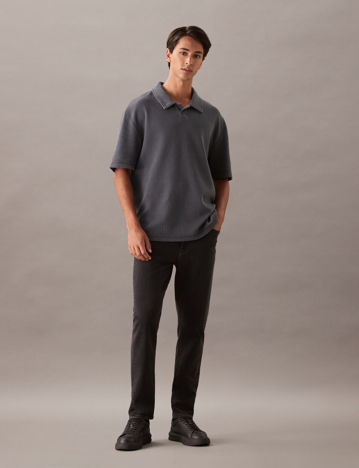 Calvin Klein Rugby Waffle Washed Woven Label Polo Shirt, Ebony - T ...