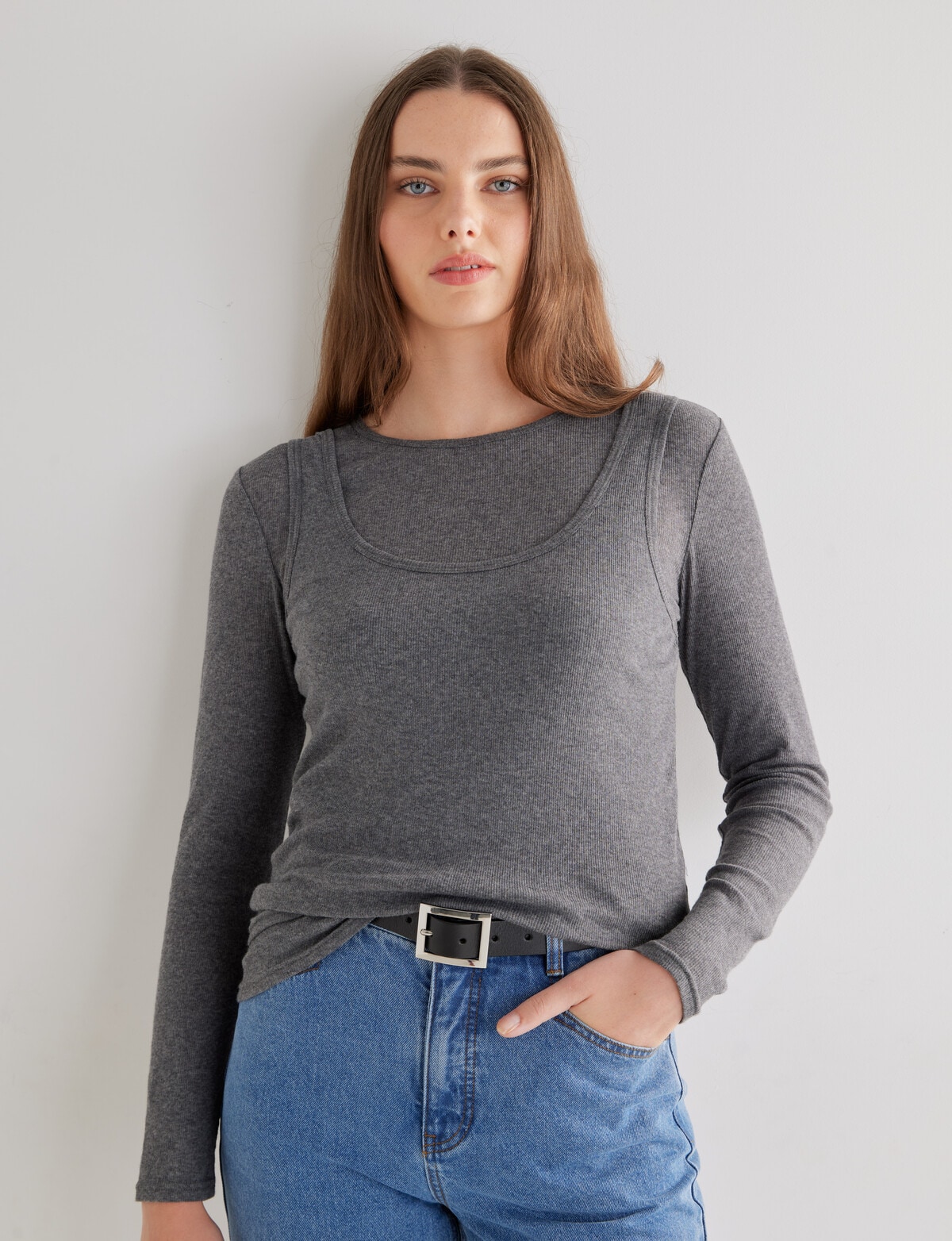 Mineral Nash Layered Rib Top, Grey - Womens Clearance