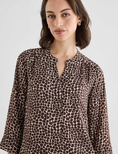 Oliver Black Pebble Print Mandarin Shirt with Cuff, Brown - Tops