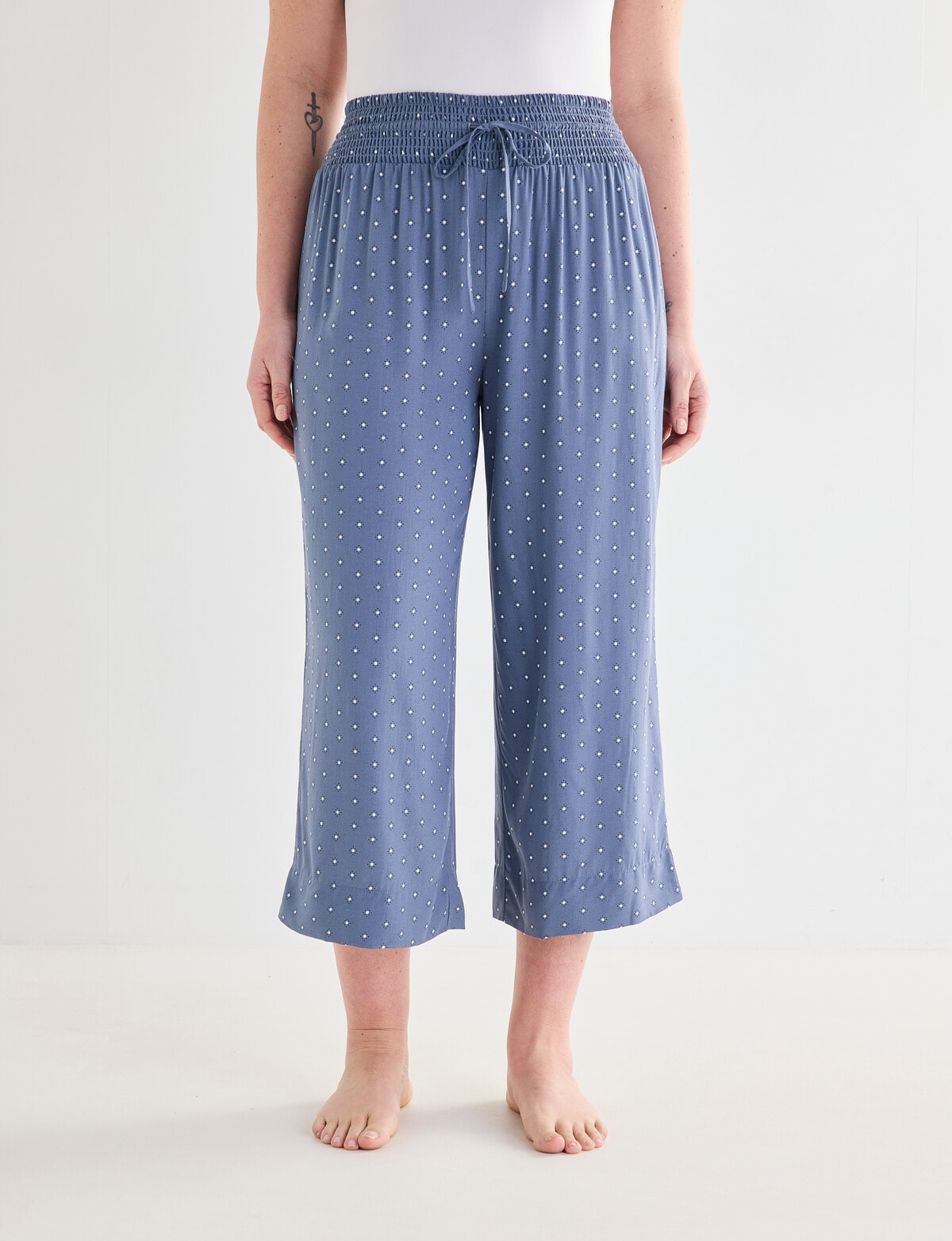 Whistle Sleep Shirred Waist Crop Pants, Graphite Spot - Womens Clearance