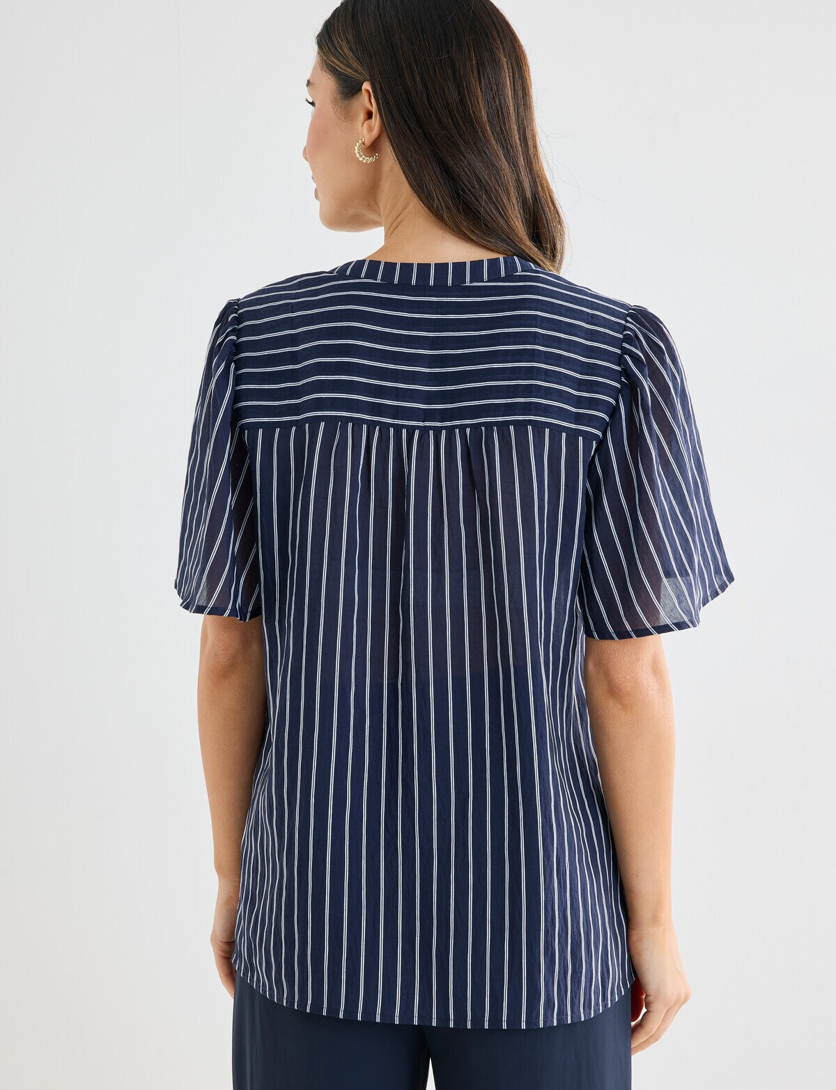Whistle Stripe Button Blouse, Navy & White - Womens Clearance