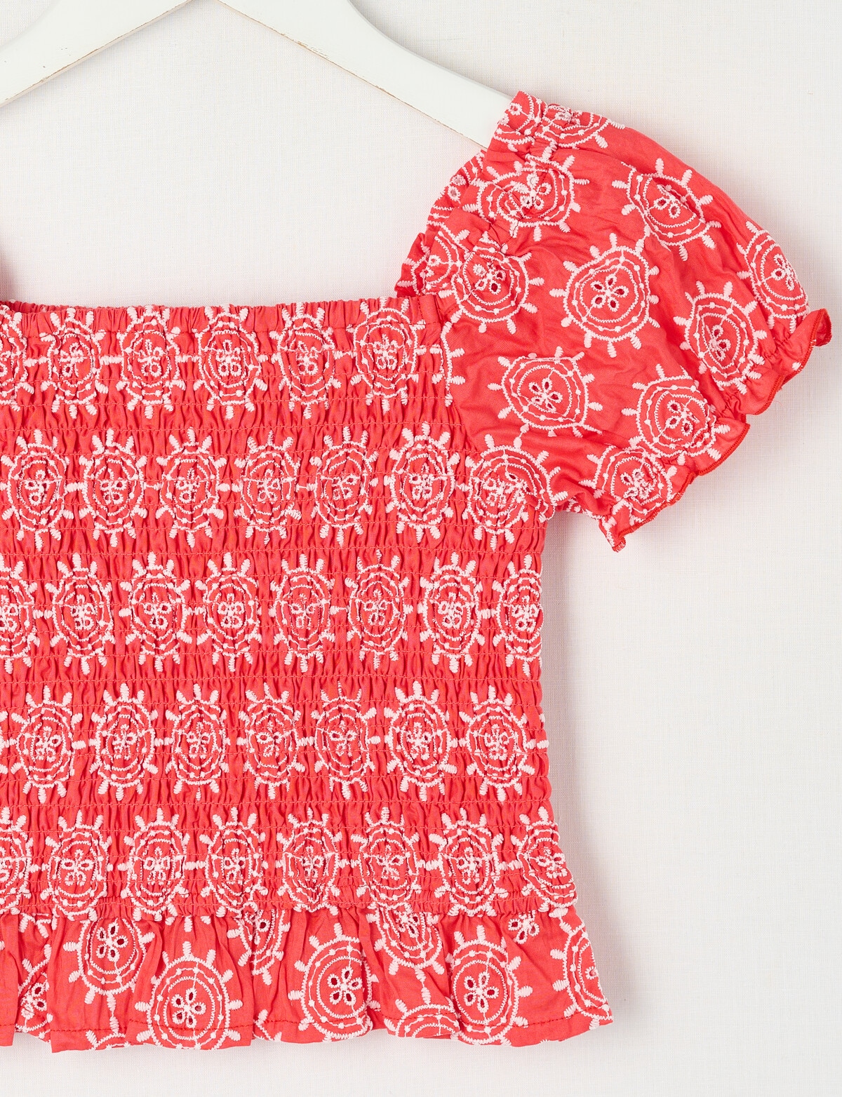 Mac & Ellie Shirred Broderie Top, Cherry Red & White - Childrens Red Dot