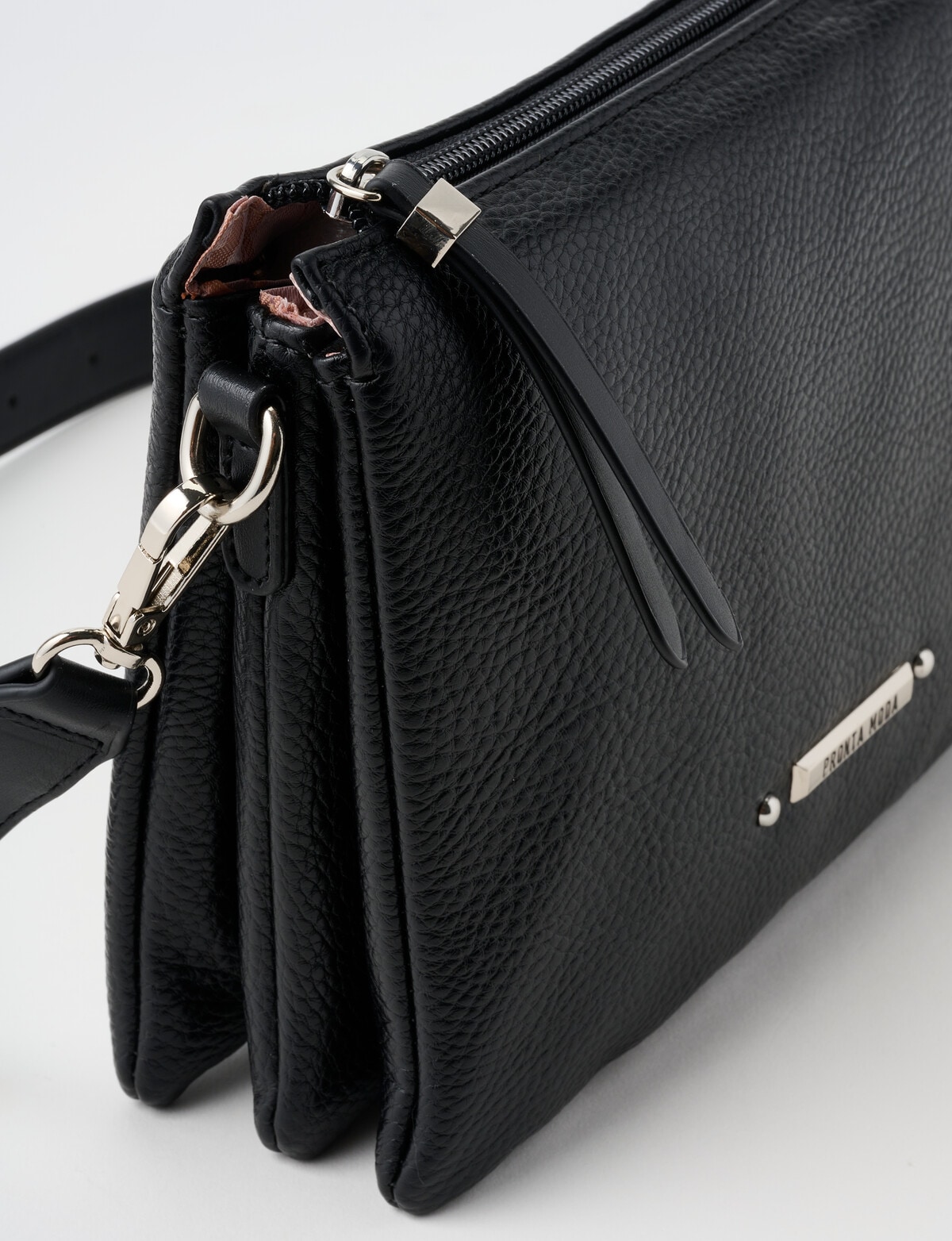 Pronta Moda 3 Compartment Crossbody Bag, Black - Handbags
