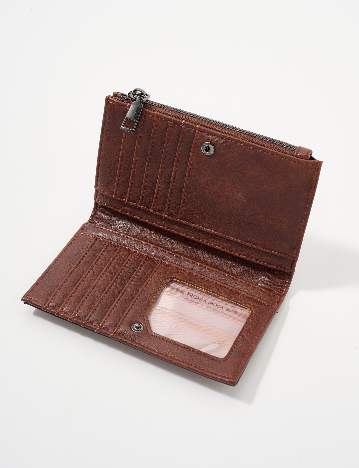 Pronta Moda Saddle Stitch Detail Wallet, Brown - Wallets