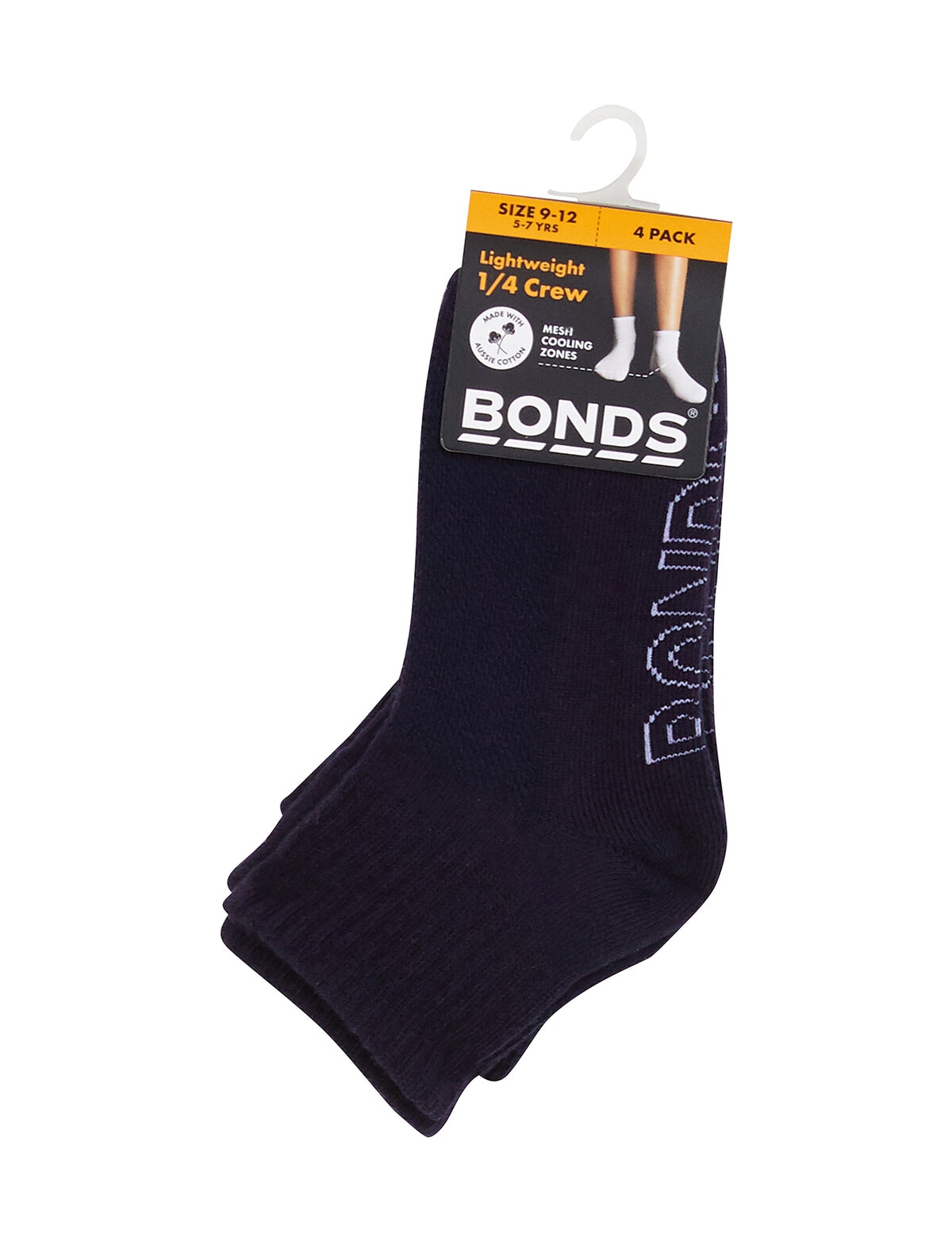 Bonds Logo Light Quarter Crew School Socks, 4-Pack, Navy - Hosiery & Socks