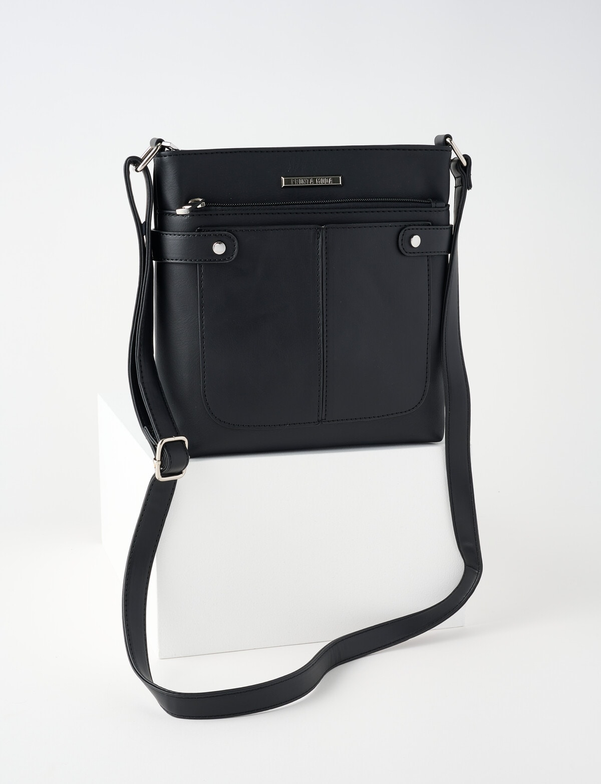 Pronta Moda Tab Med Crossbody Bag, Black - Handbags