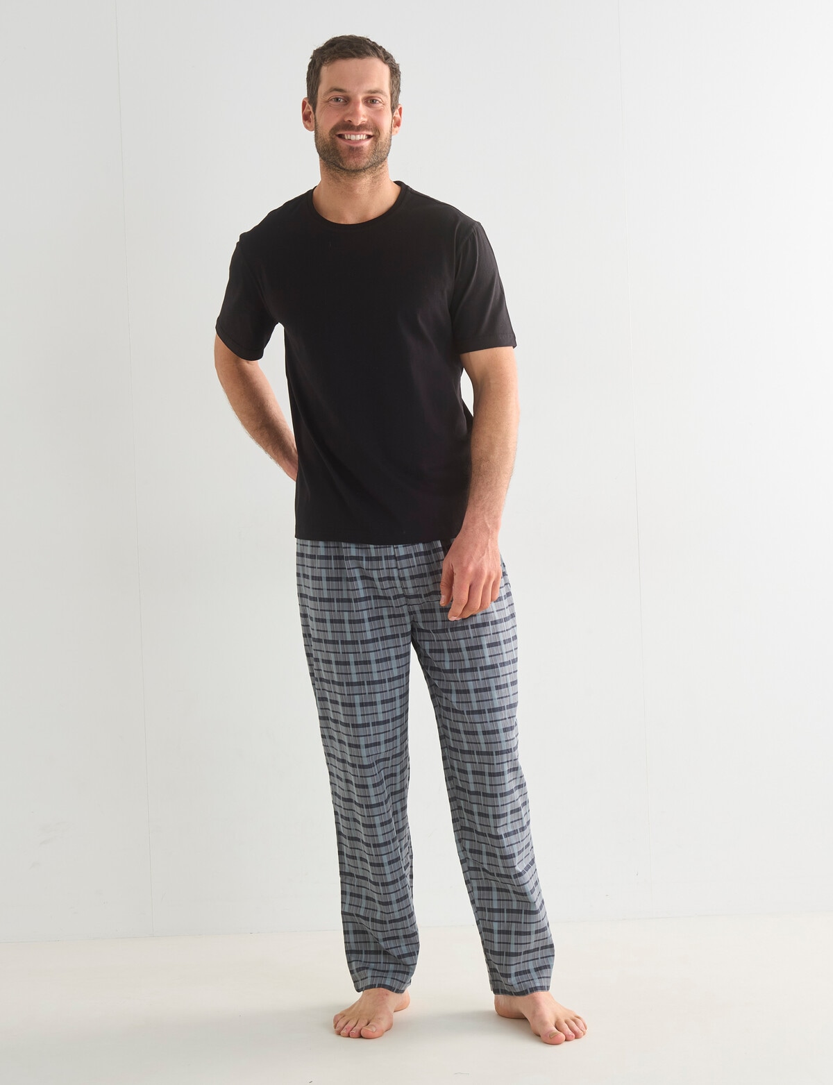 Mazzoni Short Sleeve Tee & Woven Check Pant PJ Set, Teal, Dark Navy ...