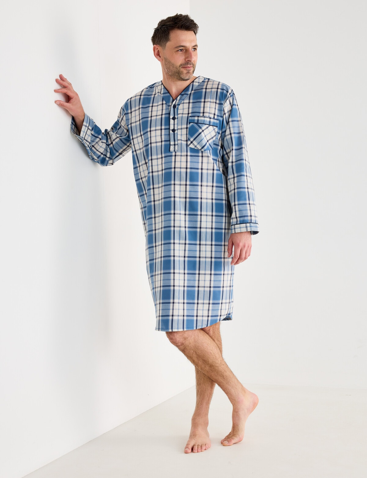 Chisel Check Woven Nightshirt, Blue & Sand - Sleepwear