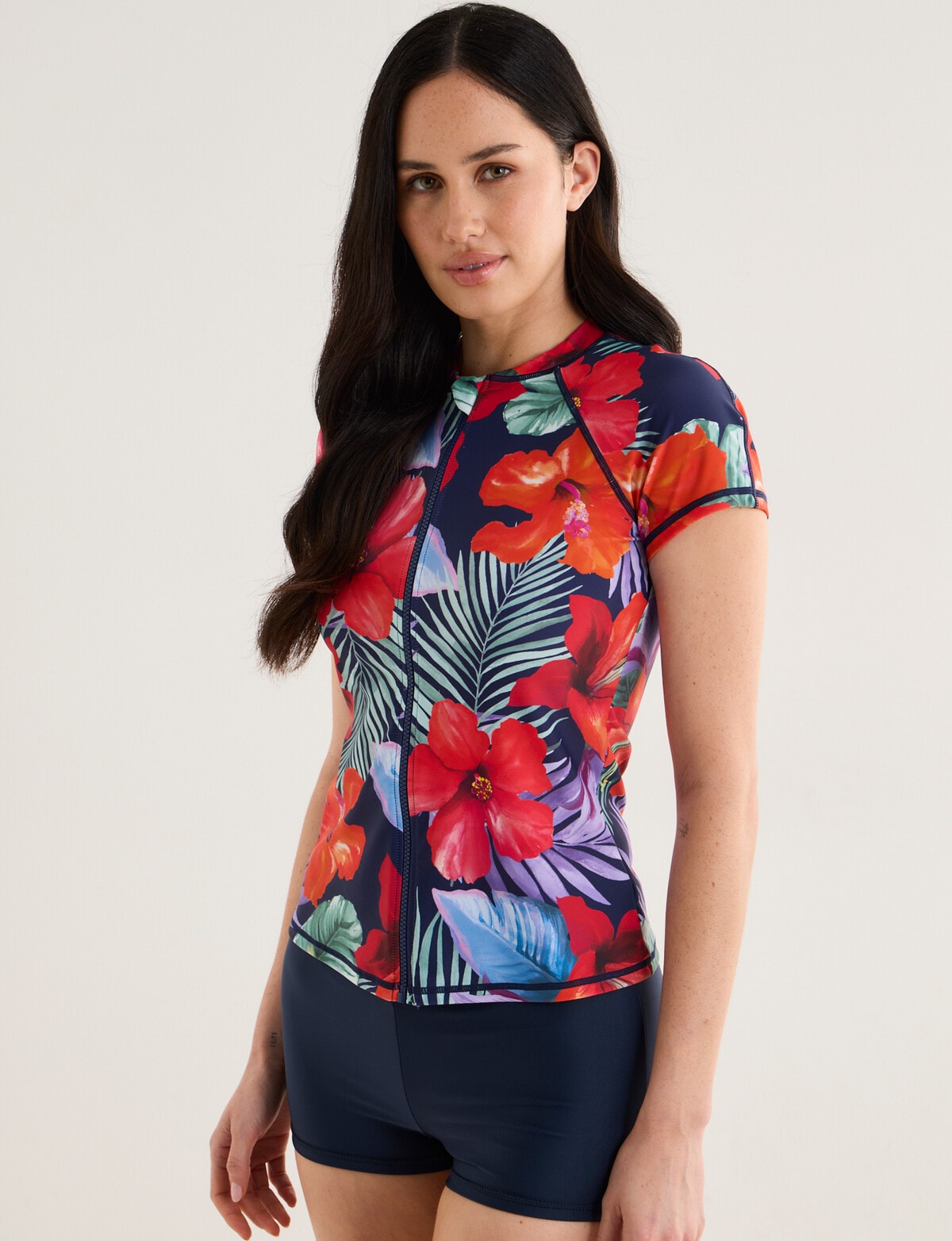 Zest Resort Paradise Floral Short Sleeve Zip Thru Rashie, Blue - Swimwear