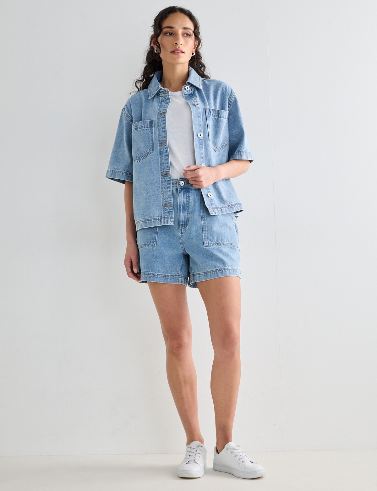 Denim Republic Short Sleeve Overshirt, Light Wash - Tops