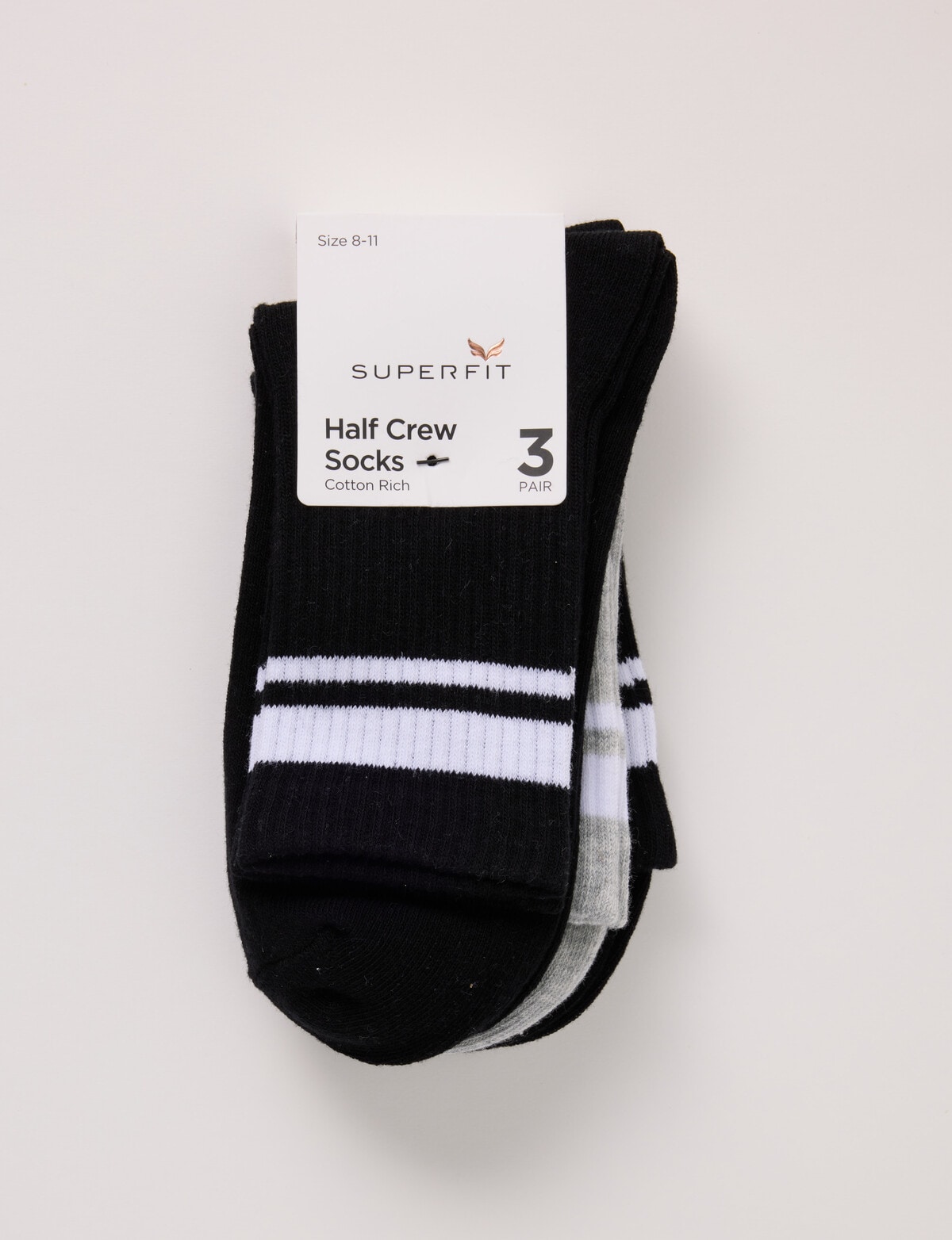 Superfit Half Crew Stripe Socks, 3-Pack, Black - Socks