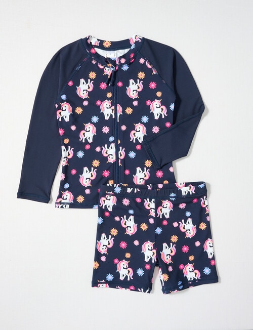 Wavetribe Unicorns Long Sleeve Rash, 2 Piece Set, Navy - Swimwear
