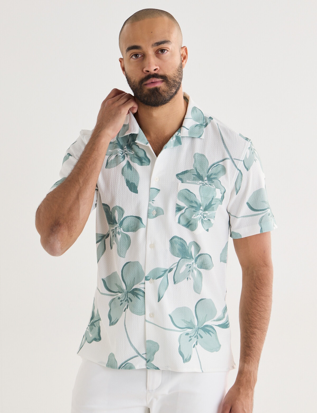 Laidlaw + Leeds Crepe Hibiscus Short Sleeve Shirt, Mint - Mens Red Dot