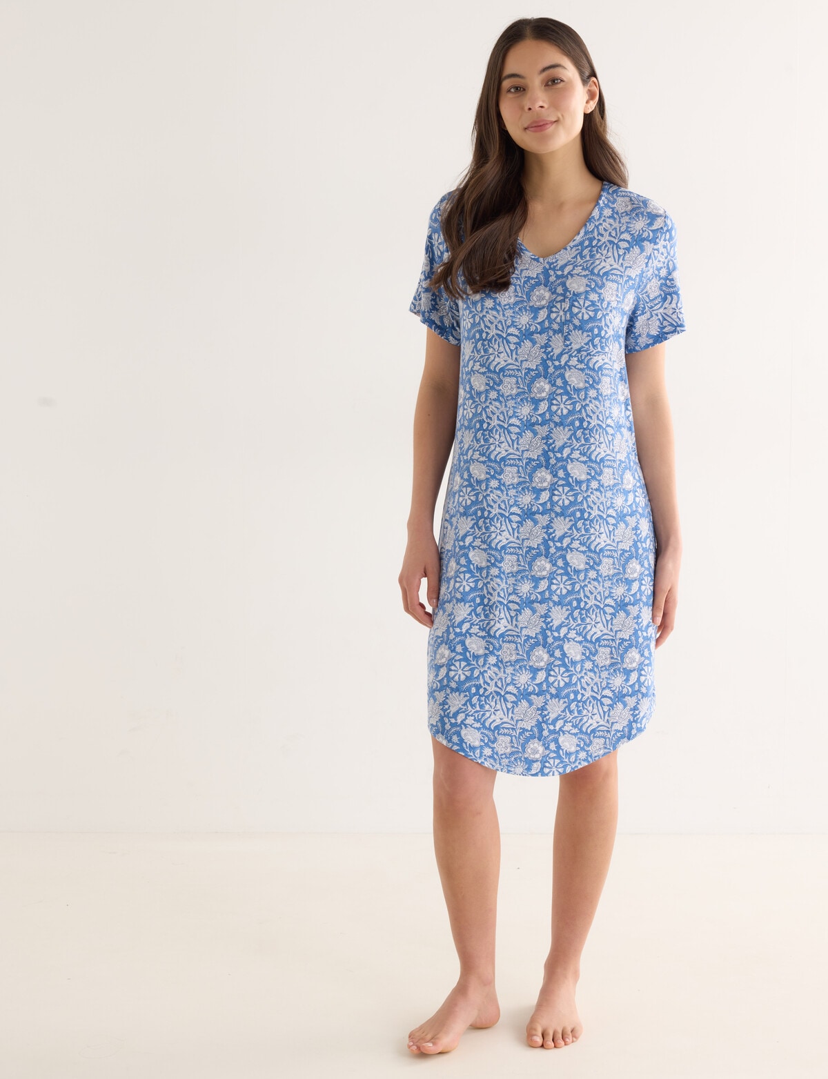 Whistle Sleep Printed T-shirt Nightie, Indigo, 8-22 - Nighties