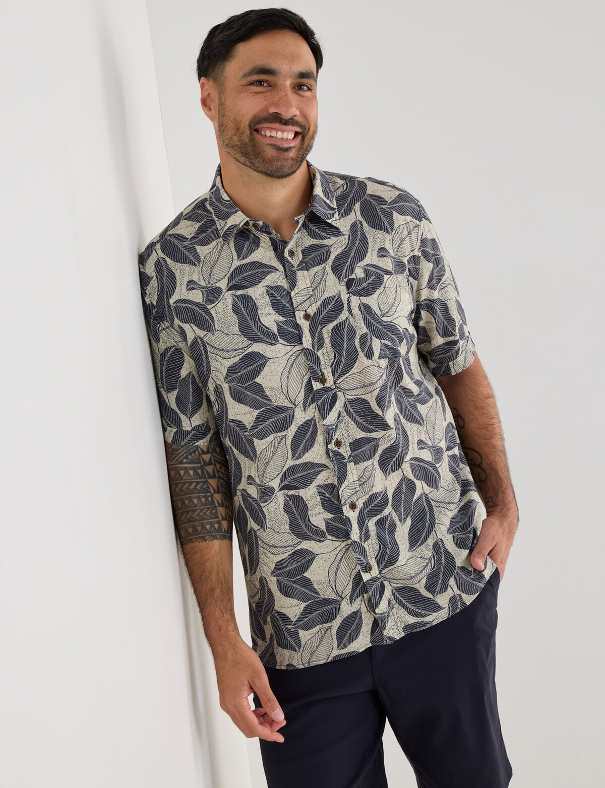 Kauri Trail Print Palm Short Sleeve Viscose Shirt, Tan - Casual Shirts