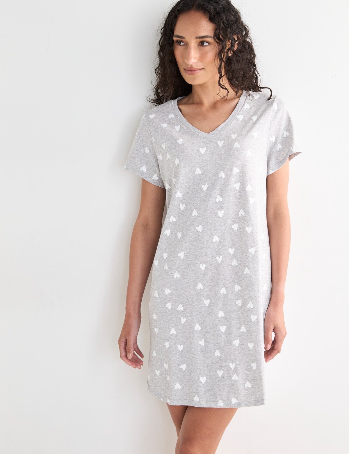 Zest Sleep Heart T-Shirt Nightie, Grey Marle - Nighties