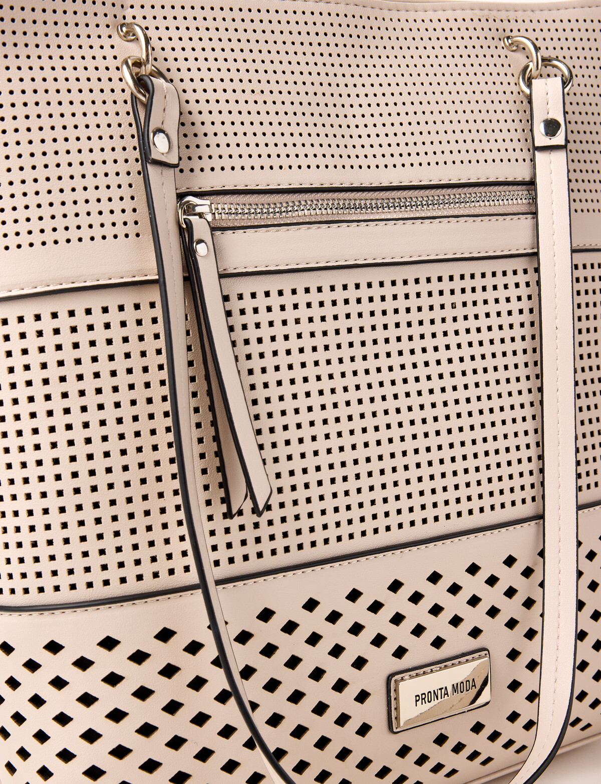 Pronta Moda Laser Cut Tote Bag, Beige - Handbags