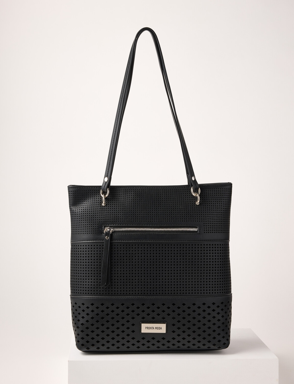 Pronta Moda Laser Cut Tote Bag, Black - Handbags