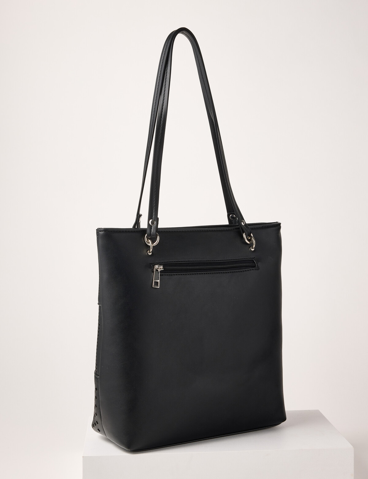 Pronta Moda Laser Cut Tote Bag, Black - Handbags